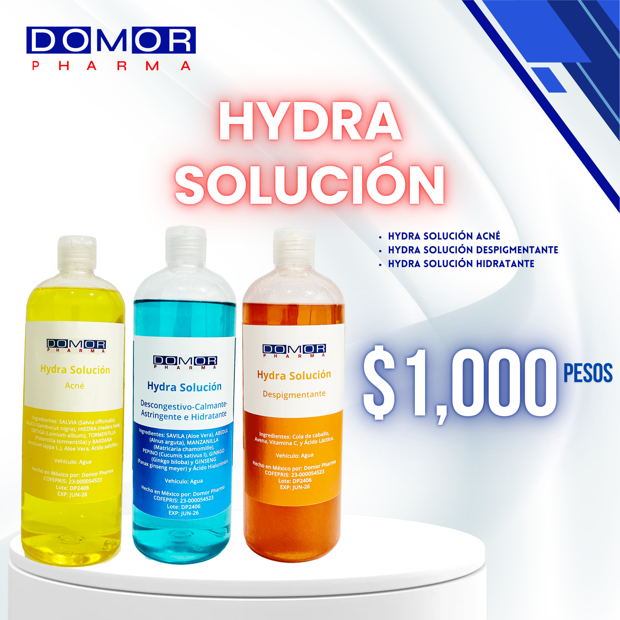 Kit 3 Hydra Solución, Acné, Despigmentante, Hidratante – Domorpharma